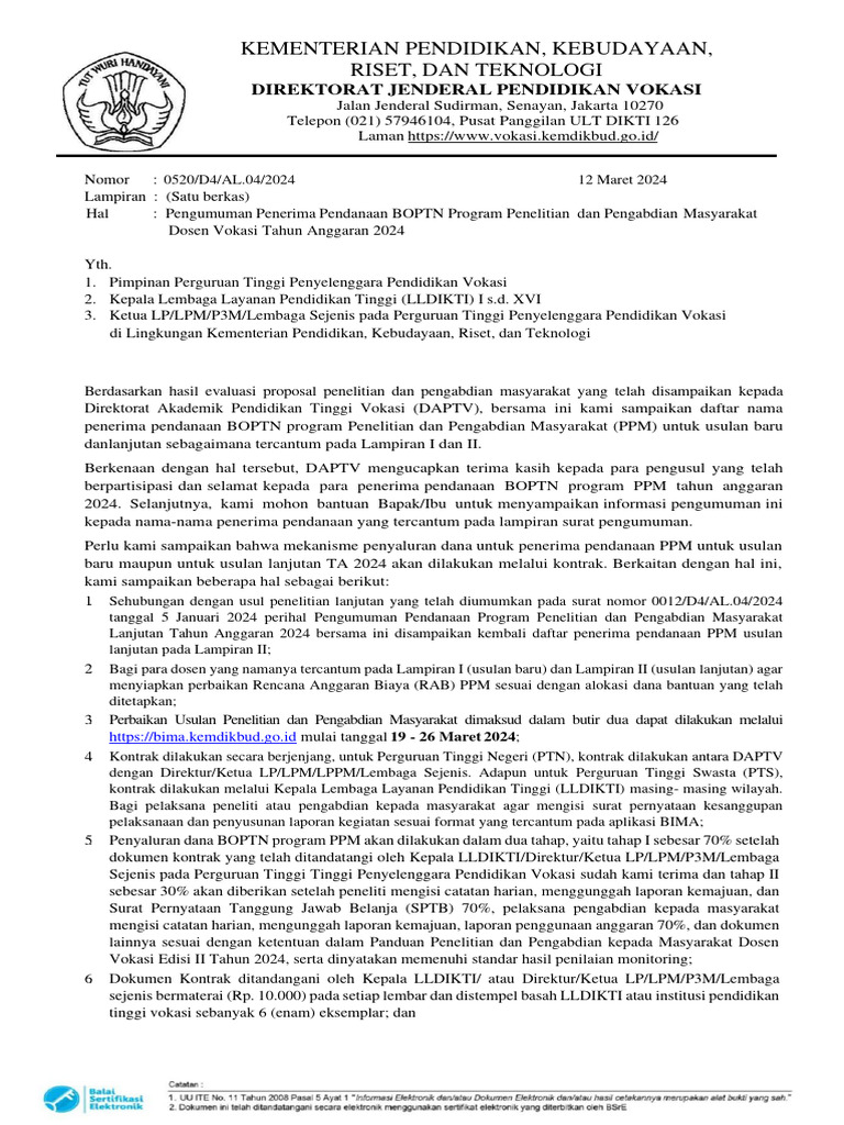 Pengumuman Penerima Pendanaan BOPTN Program Penelitian Dan Pengabdian Kepada Masyarakat Dosen ...