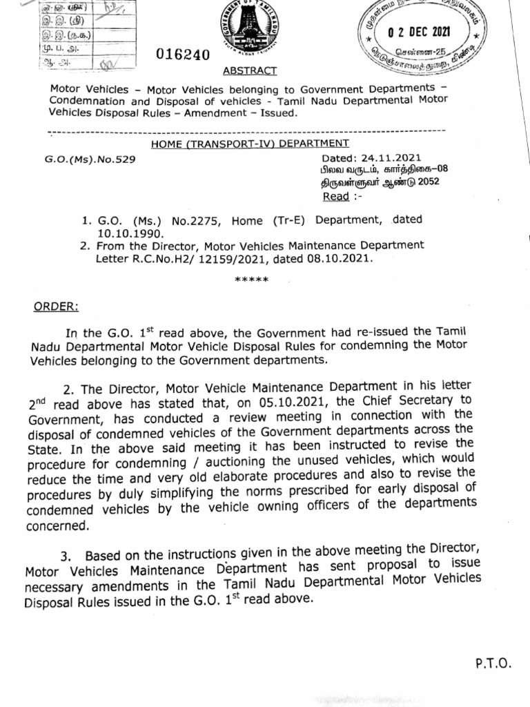 Tamil Nadu Vehicle Condemnation Rules | PDF | Vehicles | Auction