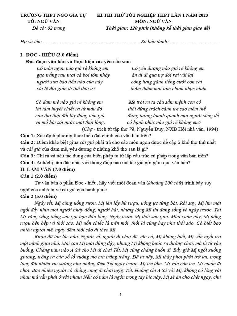 De Thi Thu TN THPT 2023 Lan 1 Mon Ngu Van Truong THPT Ngo Gia Tu Dak Lak | PDF