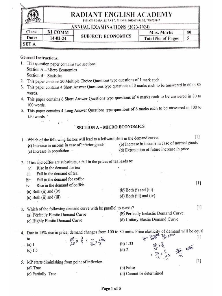 Economics Final Exam Paper Class 11 | PDF