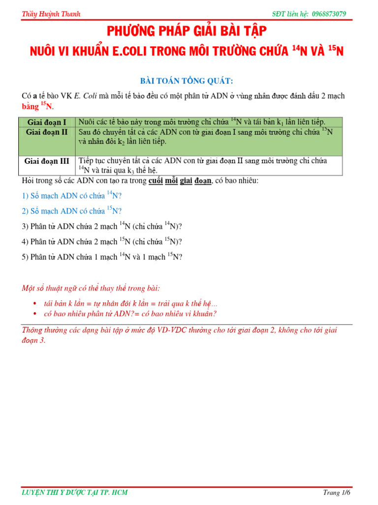PHƯƠNG PHÁP GIẢI BÀI TẬP NUÔI VK E.COLI TRONG MT N14 VÀ N15-thầy Huỳnh Thanh | PDF