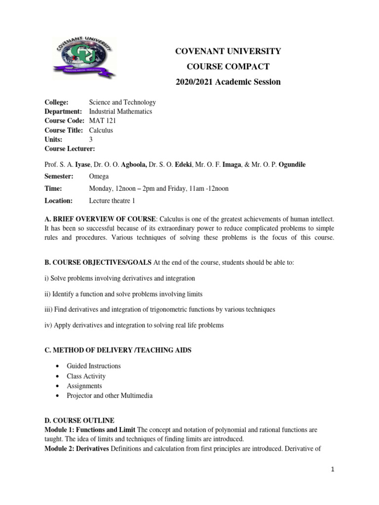 Mat121 Course Compact - 2021 | PDF | Integral | Derivative