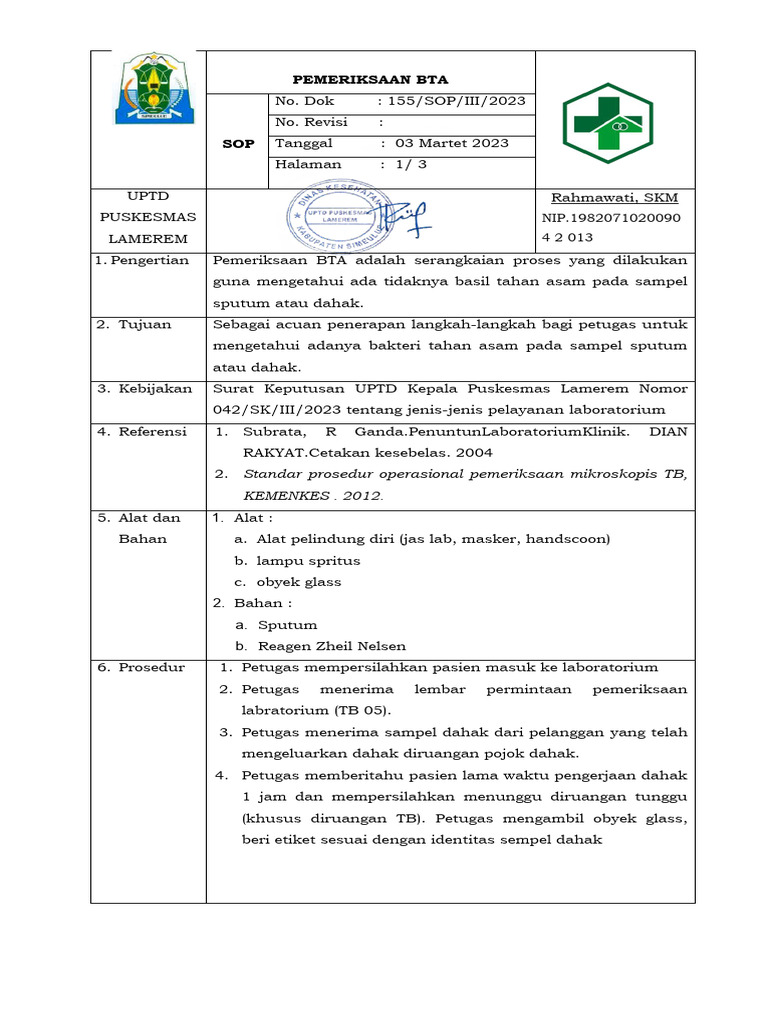 Sop Pemeriksaan Bta | PDF