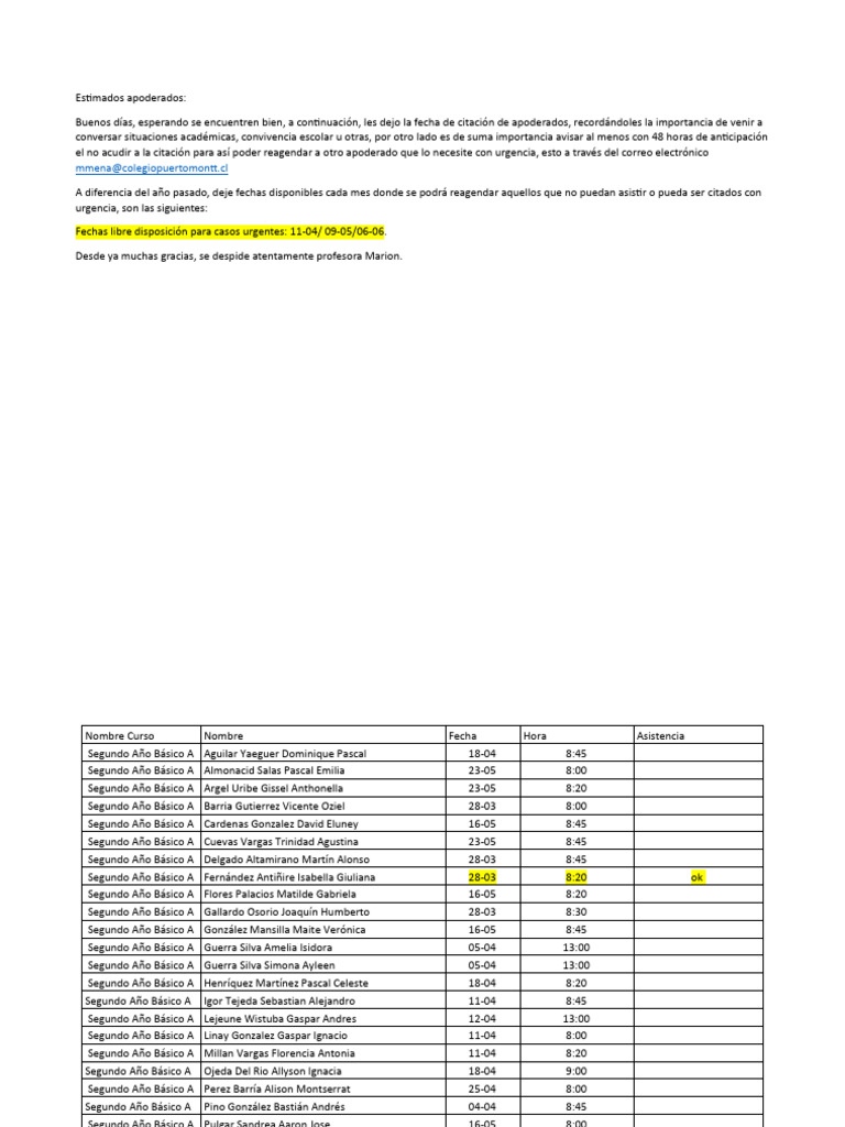 Reagendado Fechas Citación Apoderado Primer Semestre | PDF