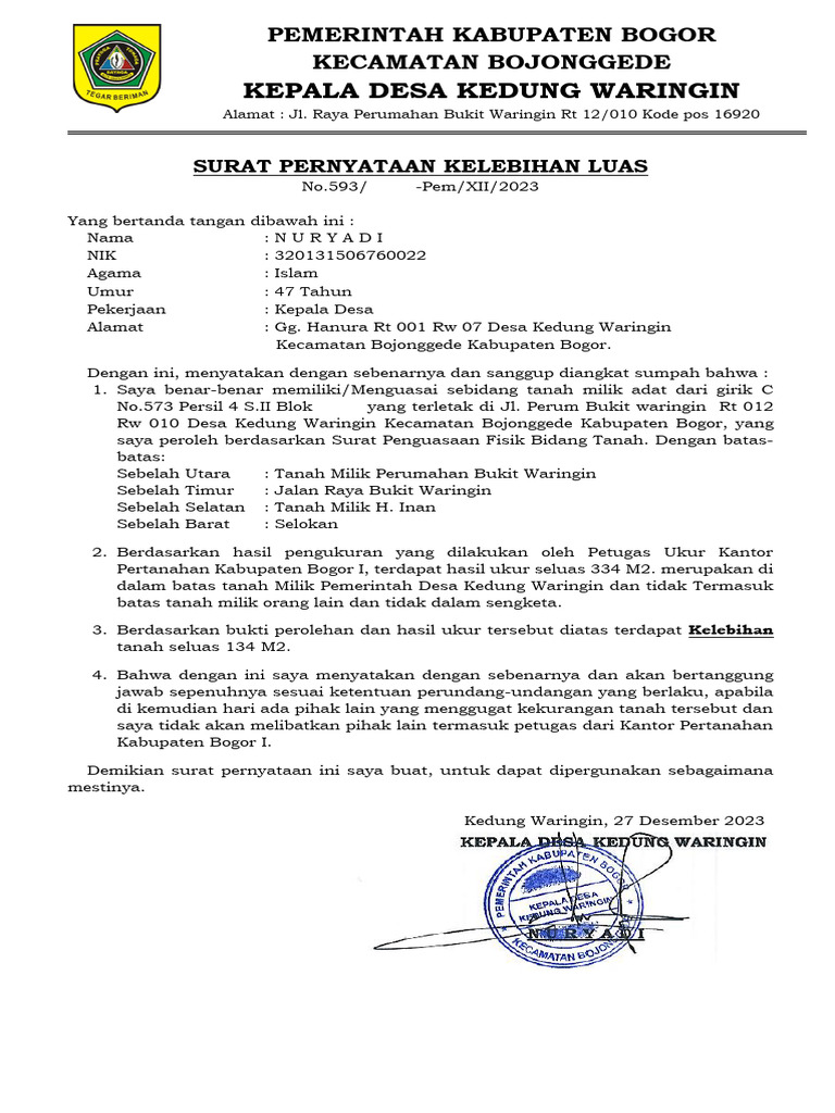 Surat Pernyataan Kelebihan Luas Desa Kdwaringin | PDF