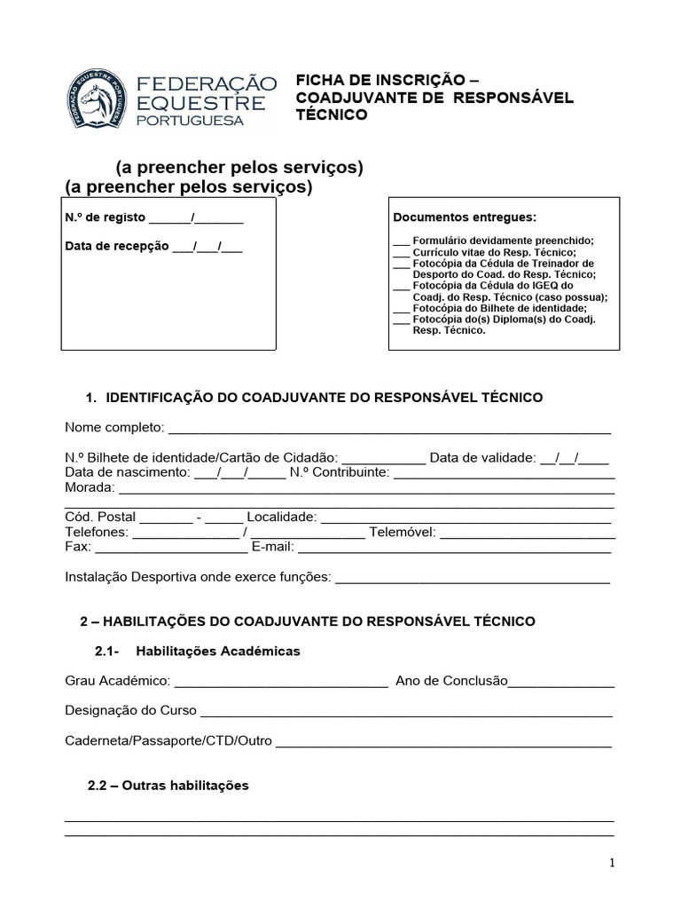 FICHA DE INSCRICAO FEP - COADJ. | PDF