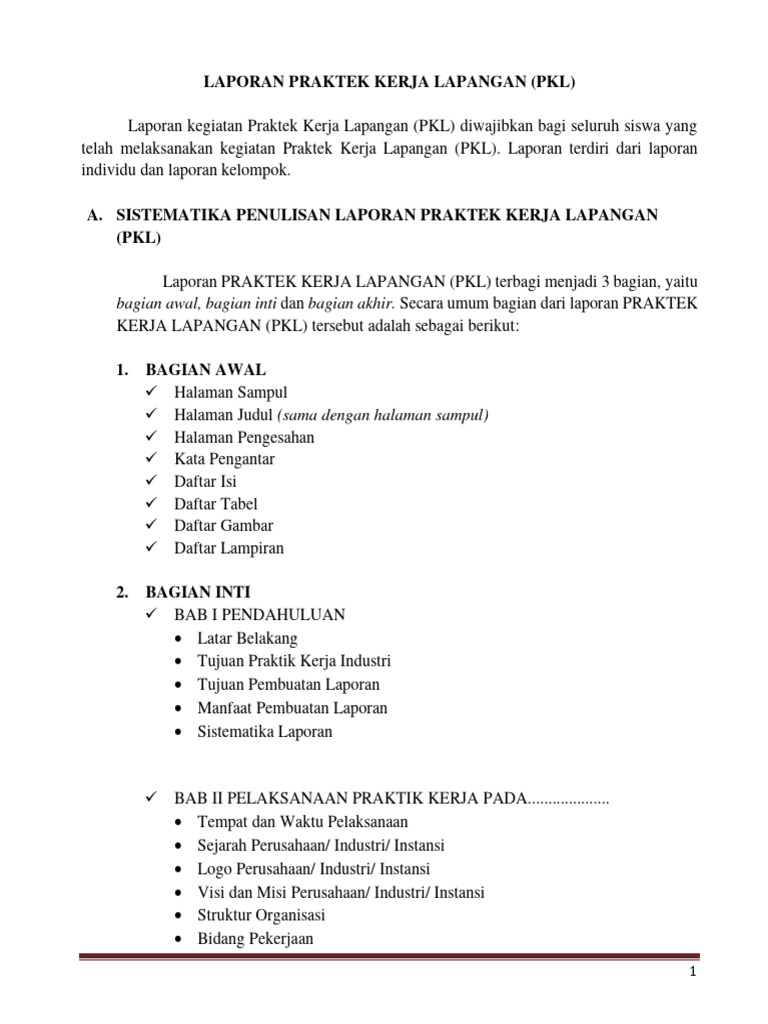Sistematika Penulisan Laporan Praktek Kerja Lapangan 2024 | PDF