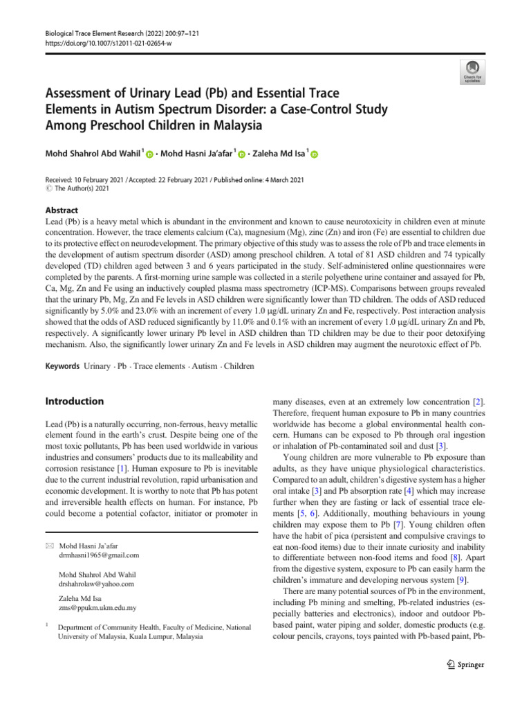 Assesment of Urines Lead Level ASD | PDF | Lead | Autism Spectrum