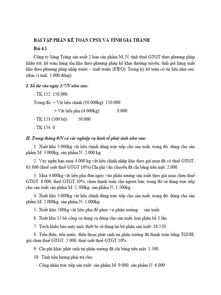 Bài tập phần giá thành- kttc1 | PDF