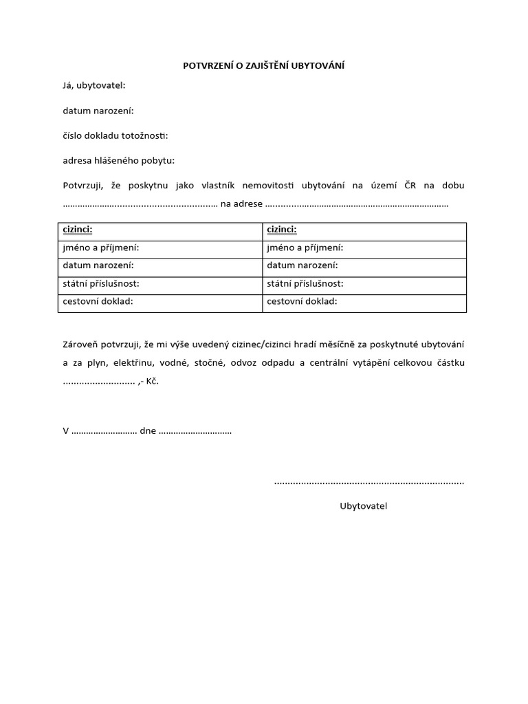 POTVRZENÍ Ubytování Vzor | PDF