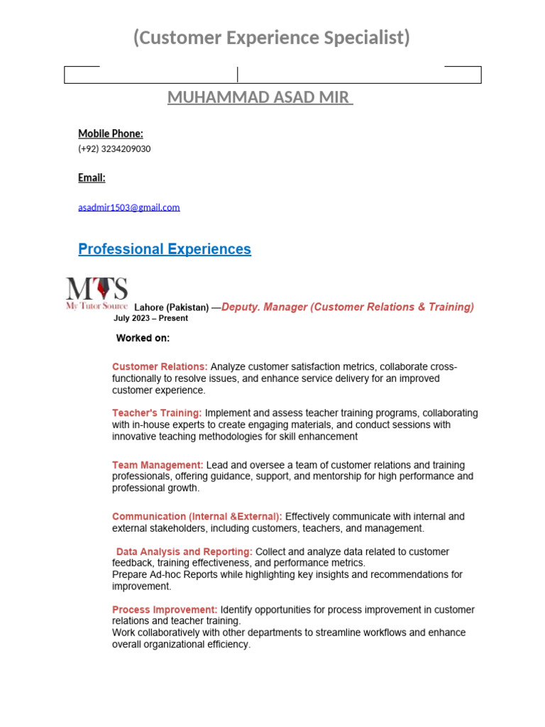 CV - Asad Mir - 2023 - D.Manager - Updated | PDF | Call Centre ...