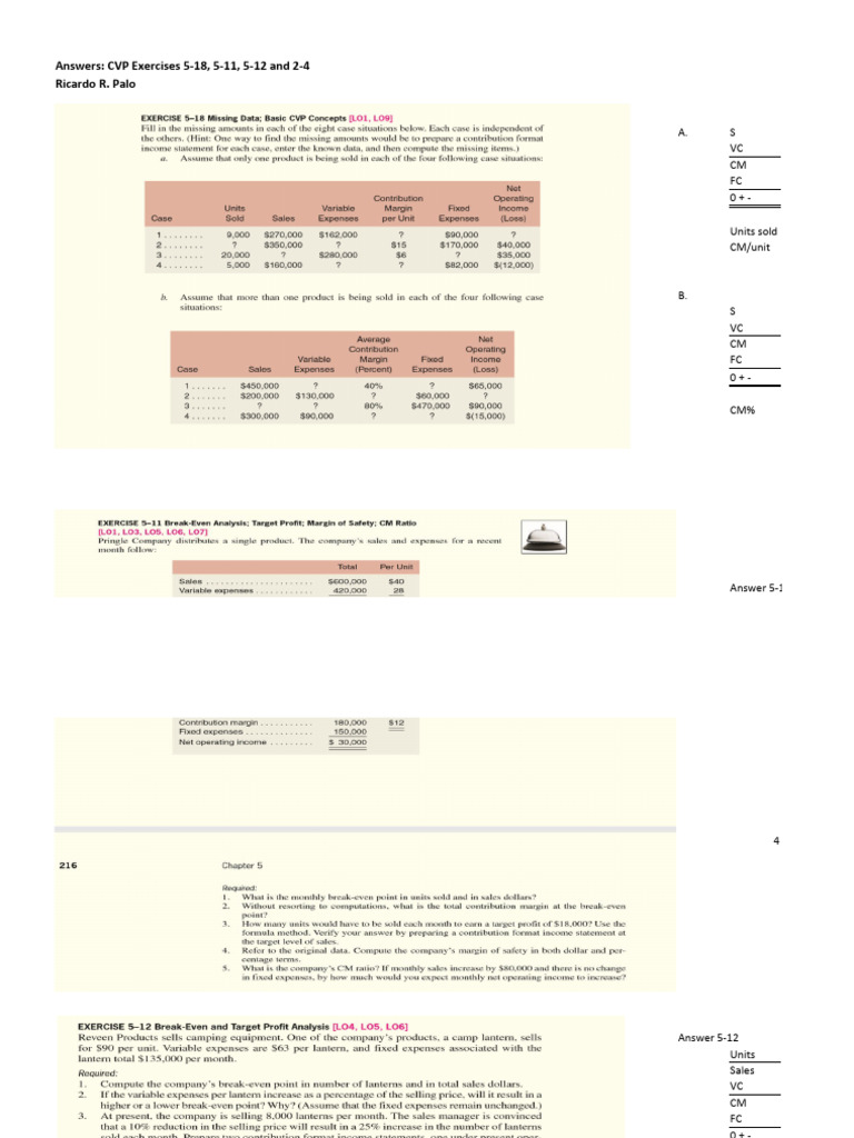 8A Answers Manacc 14th CVP Exercises and Problems | PDF