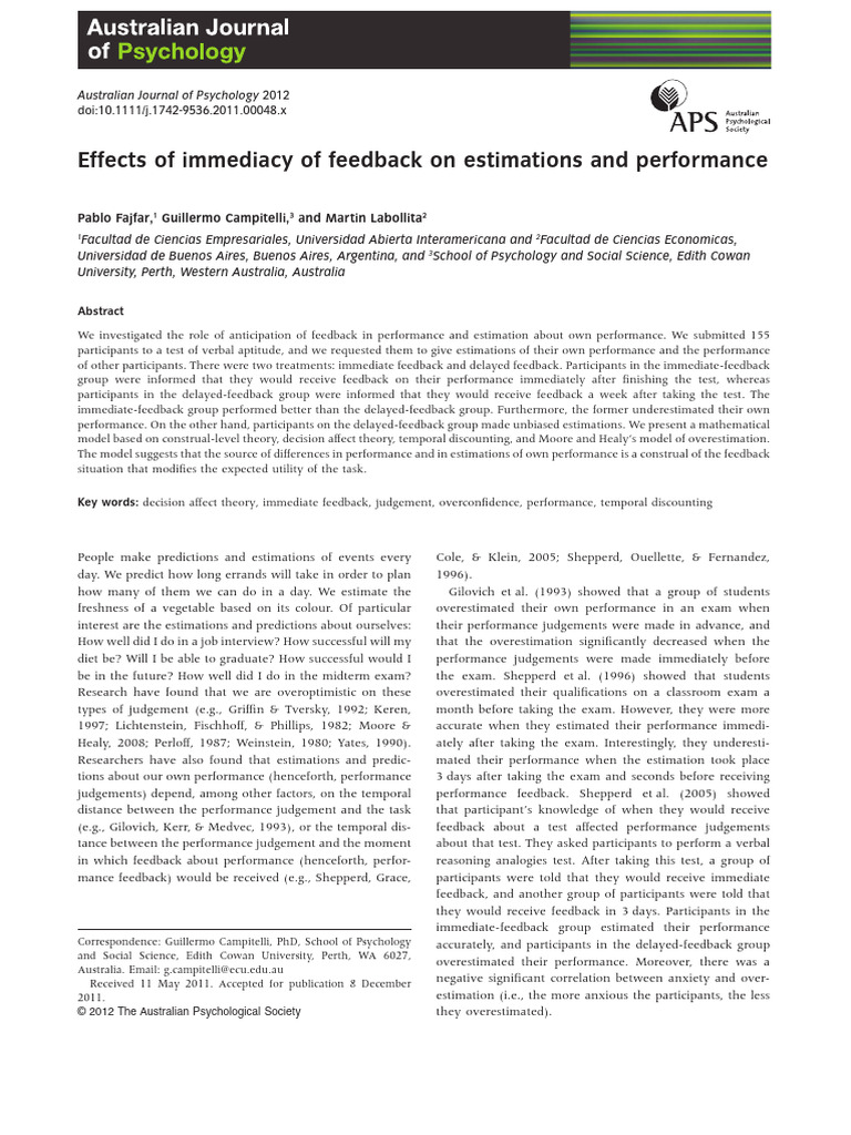 Effects of Immediacy of Feedback On Estimations and Performance | PDF ...