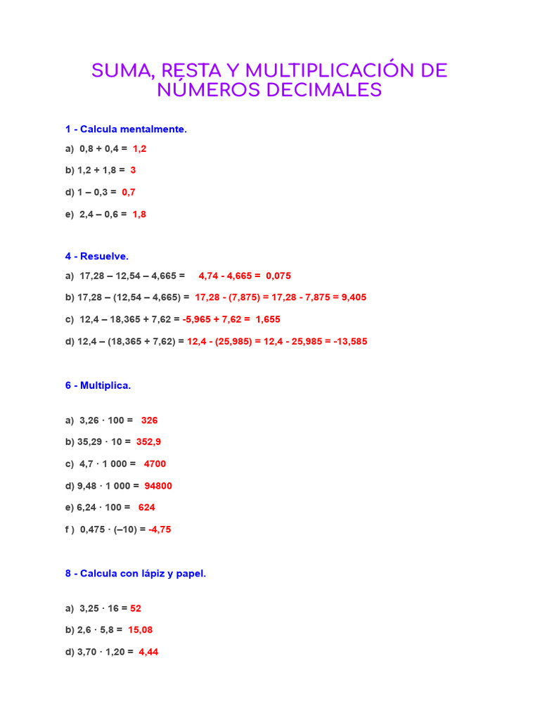 Suma, Resta y Multiplicación de Números Decimales - RESUELTO | PDF