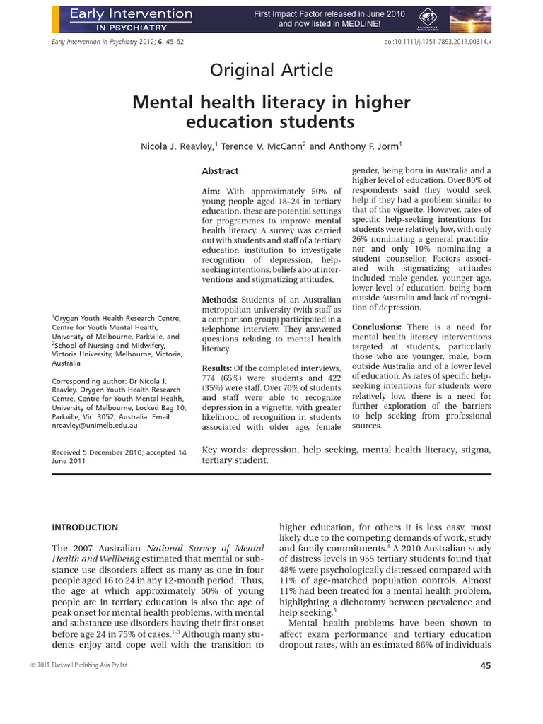 Mental Health Literacy in Higher Educati | PDF | Mental Disorder ...