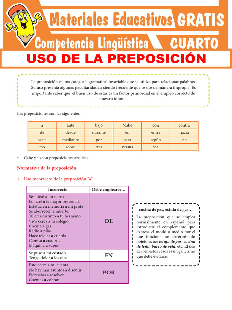 Uso de La Preposición para Cuarto Grado de Secundaria | PDF | Lingüística