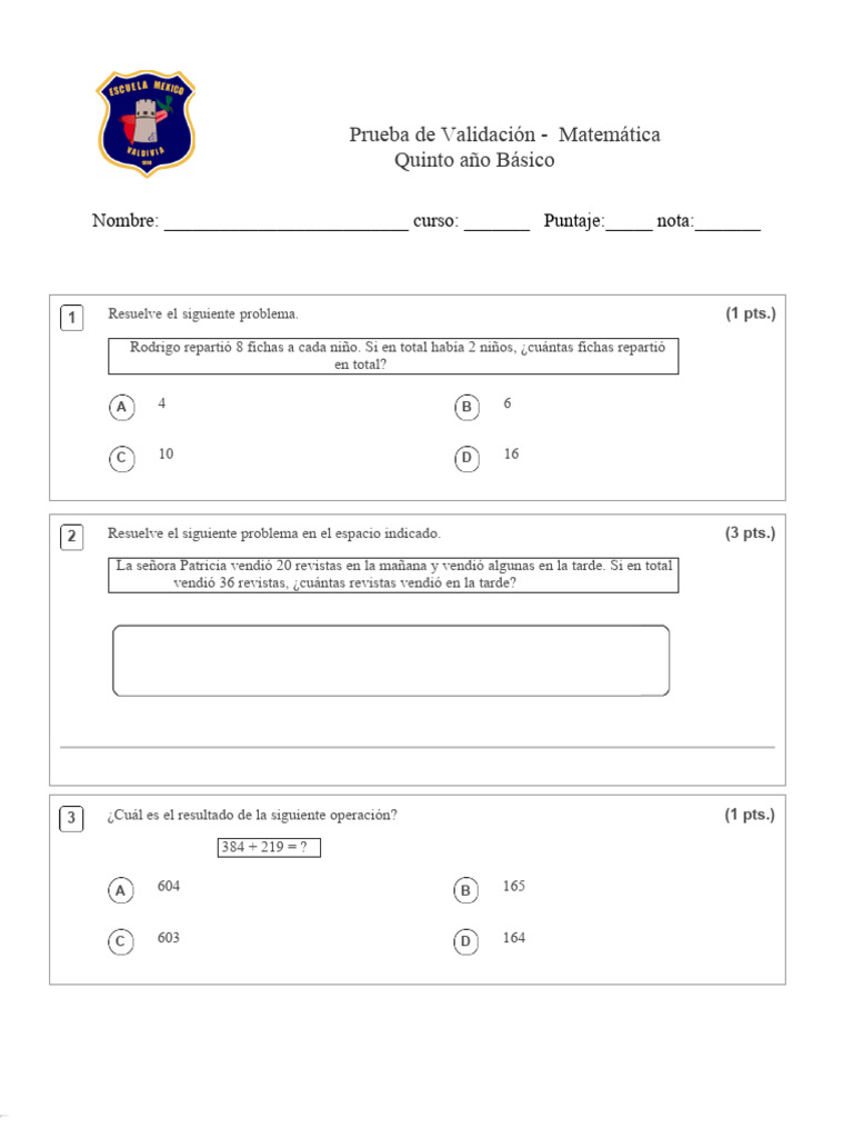 Prueba Validación 5° | PDF