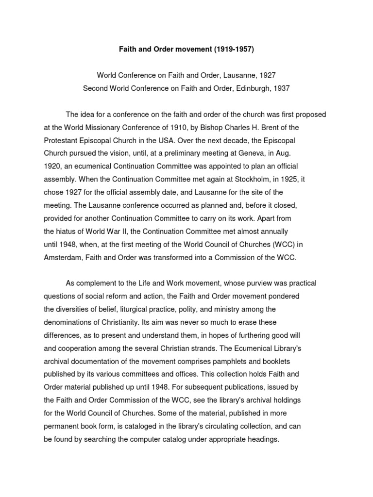 History of the Faith and Order Movement | PDF | Christian Movements ...