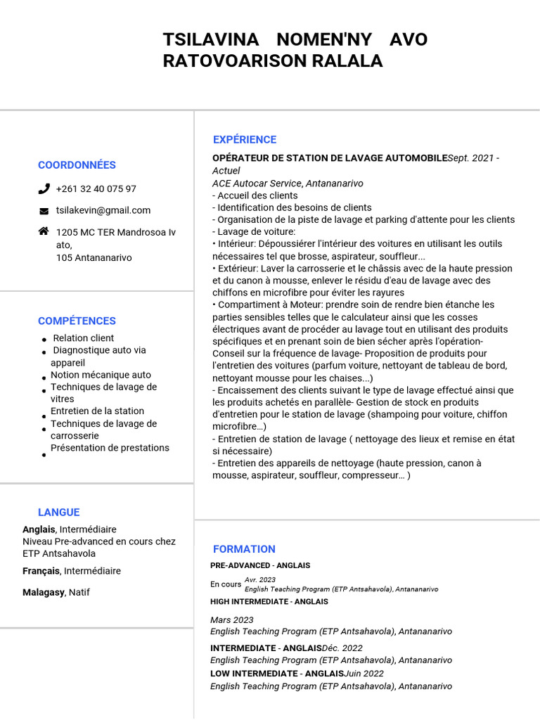 Tsilavina Nomen'Ny Avo Ratovoarison Ralala: Expérience | PDF