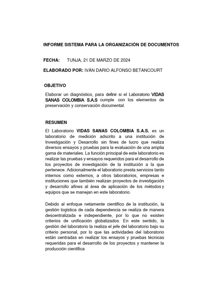 Informe Sistema para La Organización de Documentos | PDF | Laboratorios | Archivo de computadora
