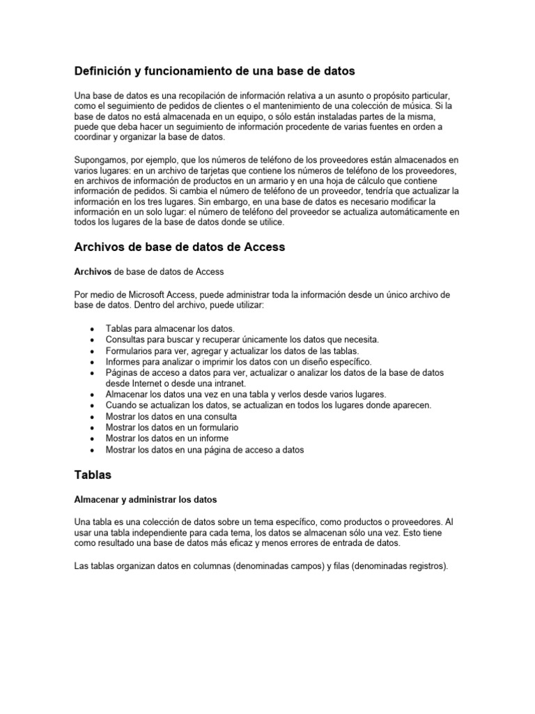 Definición y Funcionamiento de Una Base de Datos | PDF | Negocios ...