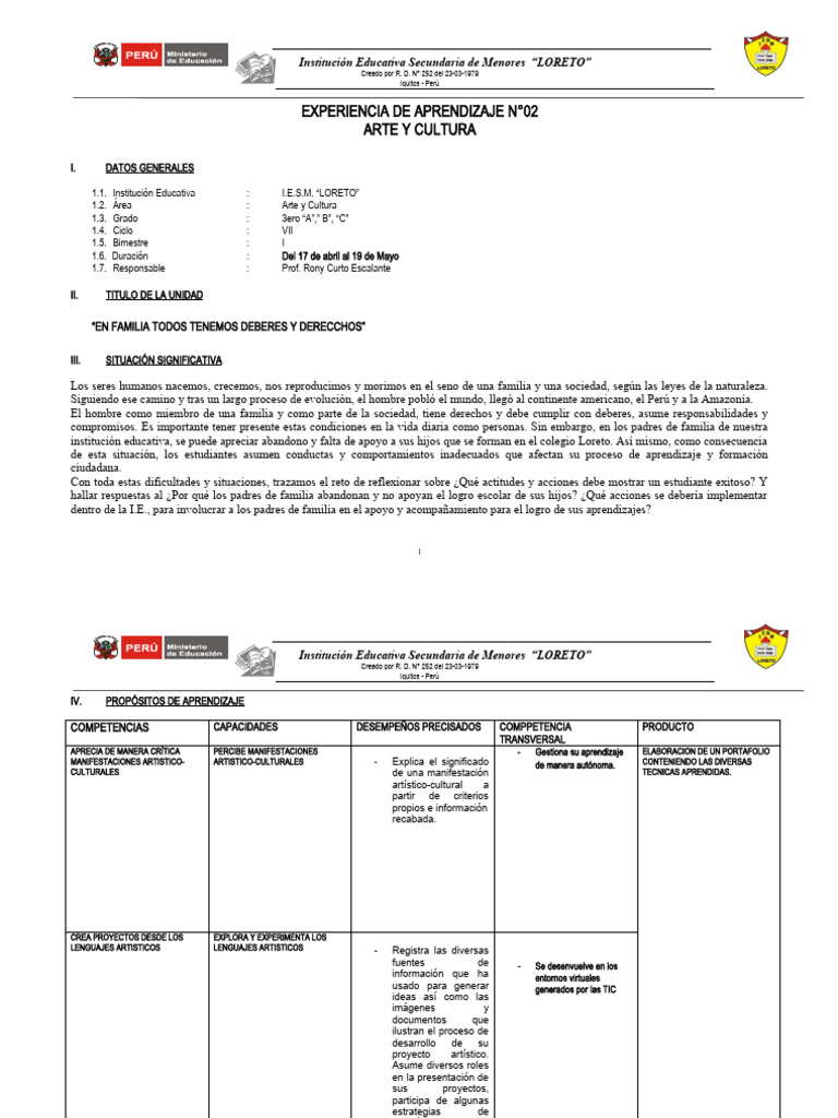 Experiencia de Aprendizaje N°02 - 3ero | PDF