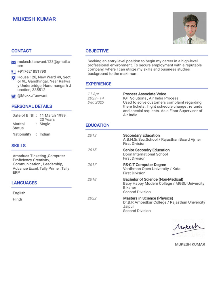 CV Mukesh Kumar 2024 | PDF