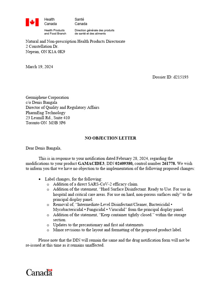 Health Santé Canada Canada: No Objection Letter | PDF