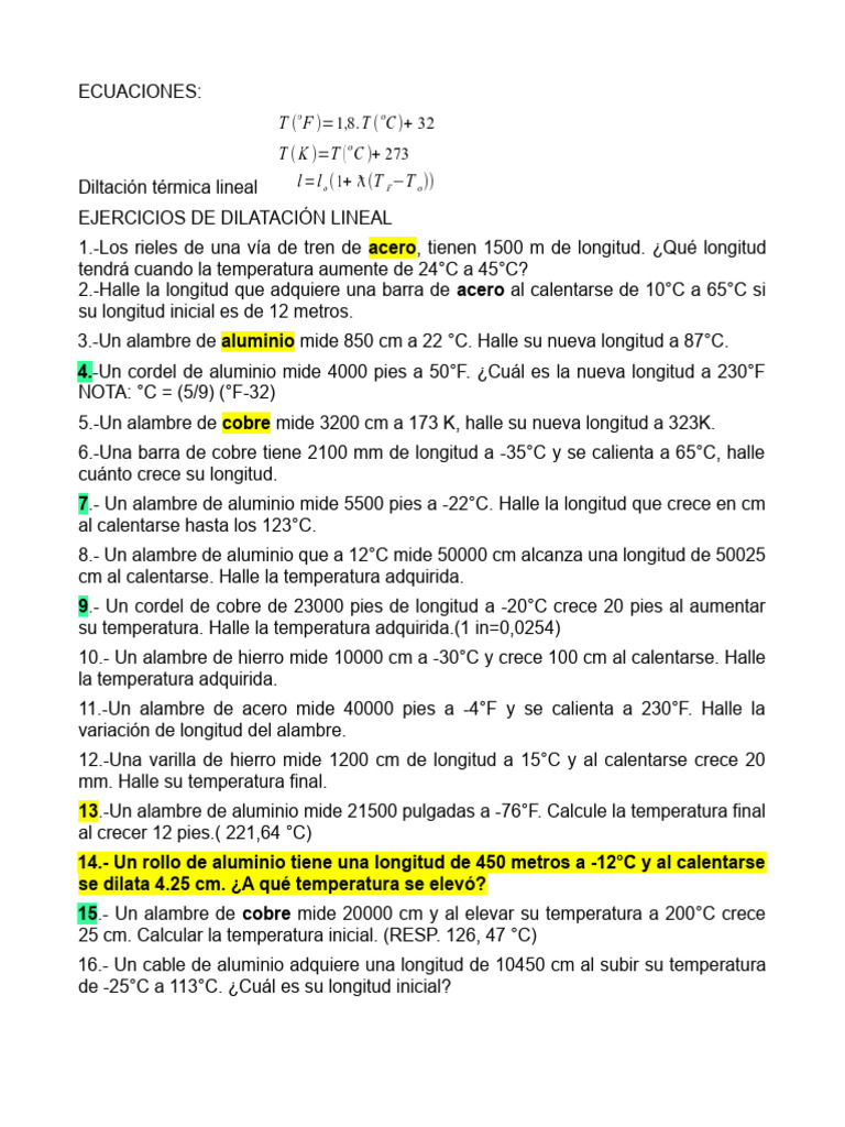 PROBLEMAS DILATACION TERMICA LINEAL | PDF | Cable | Cobre