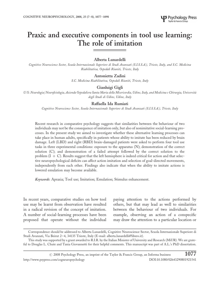Praxic And Executive Components In Tool Use Learning Pdf Imitation Aphasia