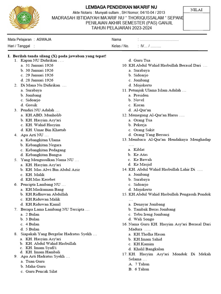 Uas Aswaja Kelas 4 2023-2024 | PDF