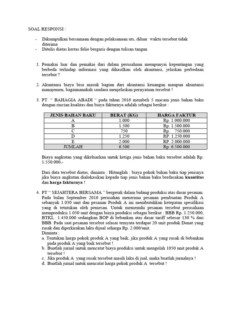 SOAL RESPONSI Akt Biaya | PDF