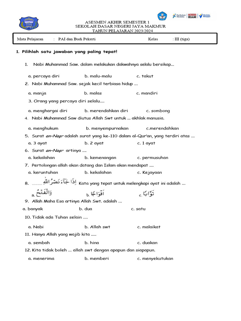 SOAL PAS PAI & BP KELAS 3 SEM 1 - WWW - Ruangpendidikan.site-Dikonversi | PDF
