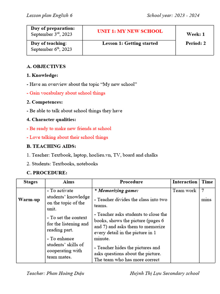 Period 2 Unit 1 Getting started | PDF | Lesson Plan | Teachers