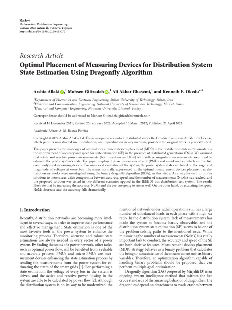 Optimal Placement Of Measuring Devices For Distrib Pdf Mathematical Optimization Applied