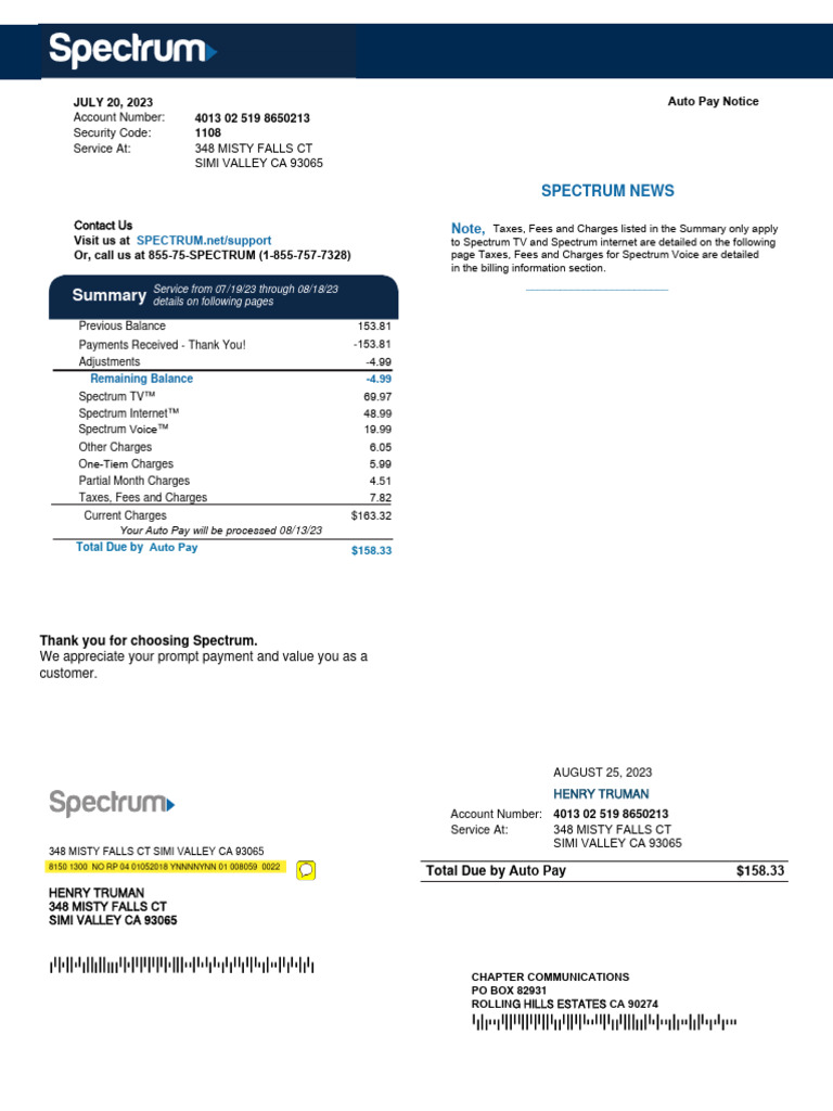 Henry Truman - Spectrum Bill Statement | PDF