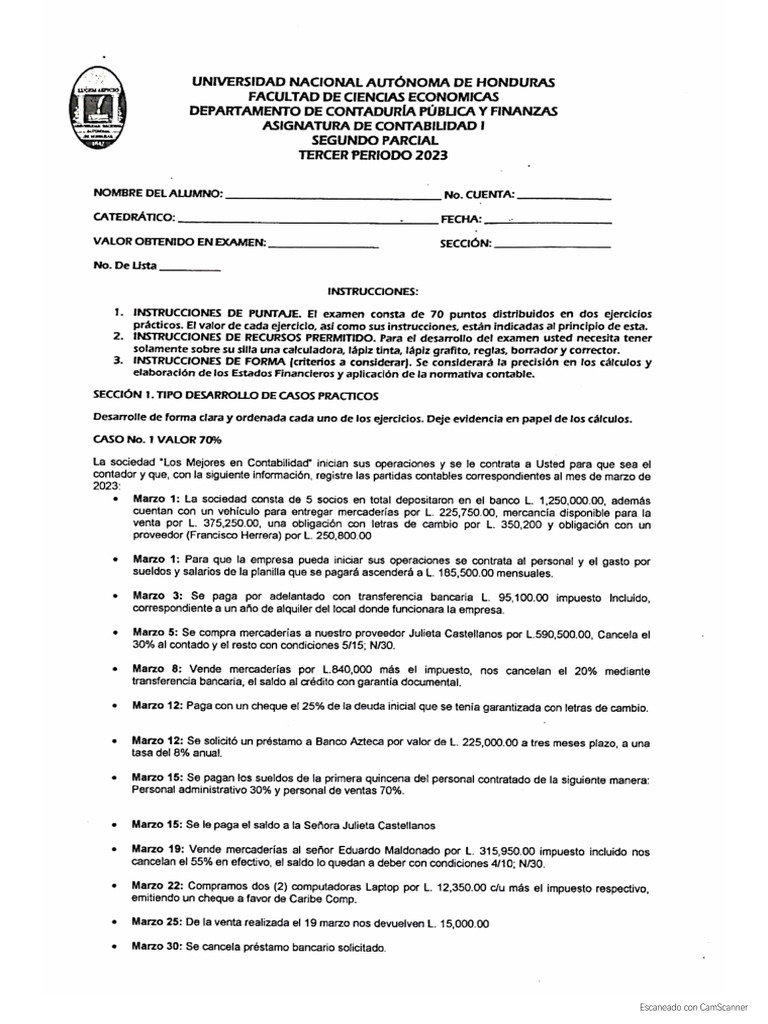 Unah 1P24 Contabilidad Financiera I 2do Examen 3P23 | PDF