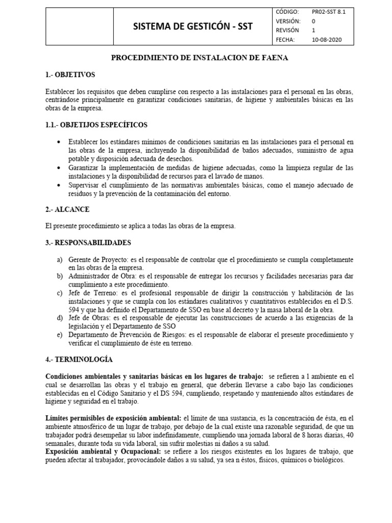 Procedimiento Instalación de Faena | Descargar gratis PDF | Seguridad y salud ocupacional | Residuos