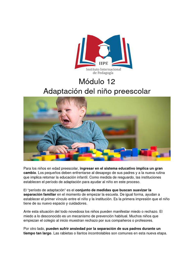 Adaptación Del Niño Preescolar - Modulo 12 | PDF | Educación de la primera infancia | Escuelas