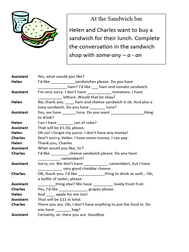 Sandwich Shop Role Play | PDF