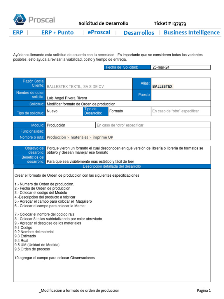 BALTEX #137973 - Modificación A Formato de Orden de Produccion | PDF | Planificación de recursos ...