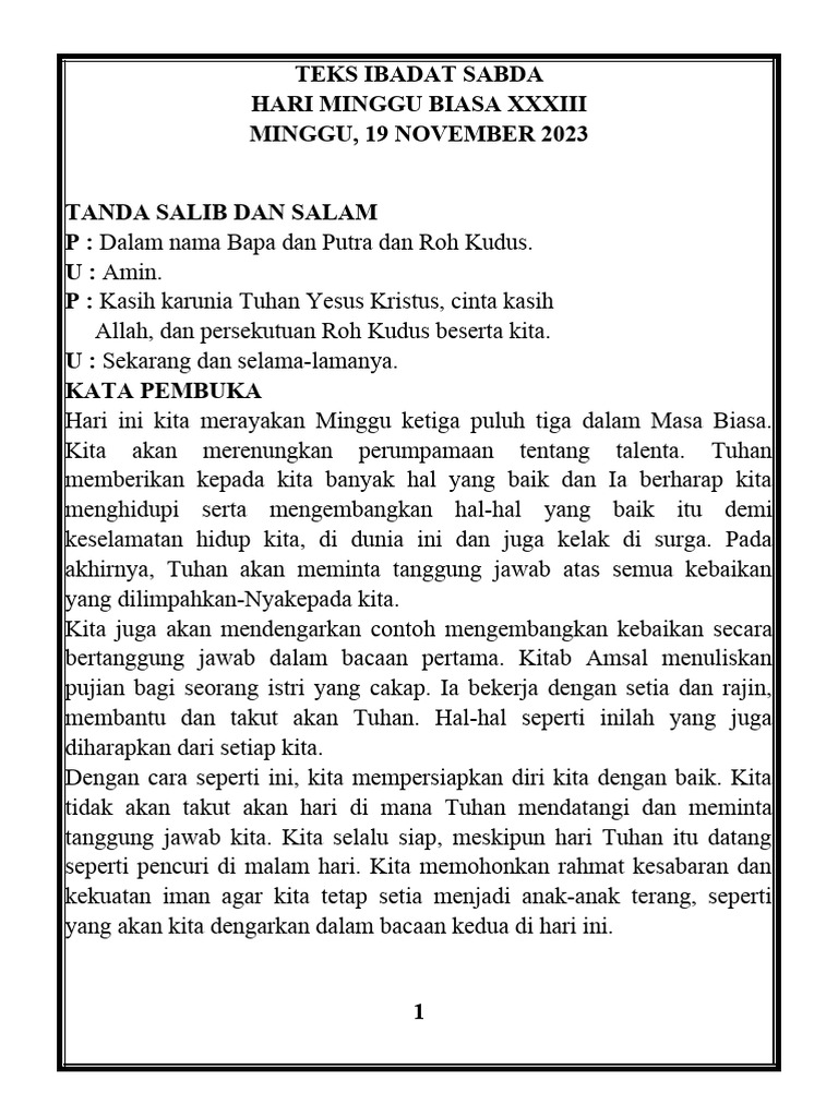 Teks Ibadat Sabda Hari Biasa Xxxiii, Minggu 19 November 2023 | PDF