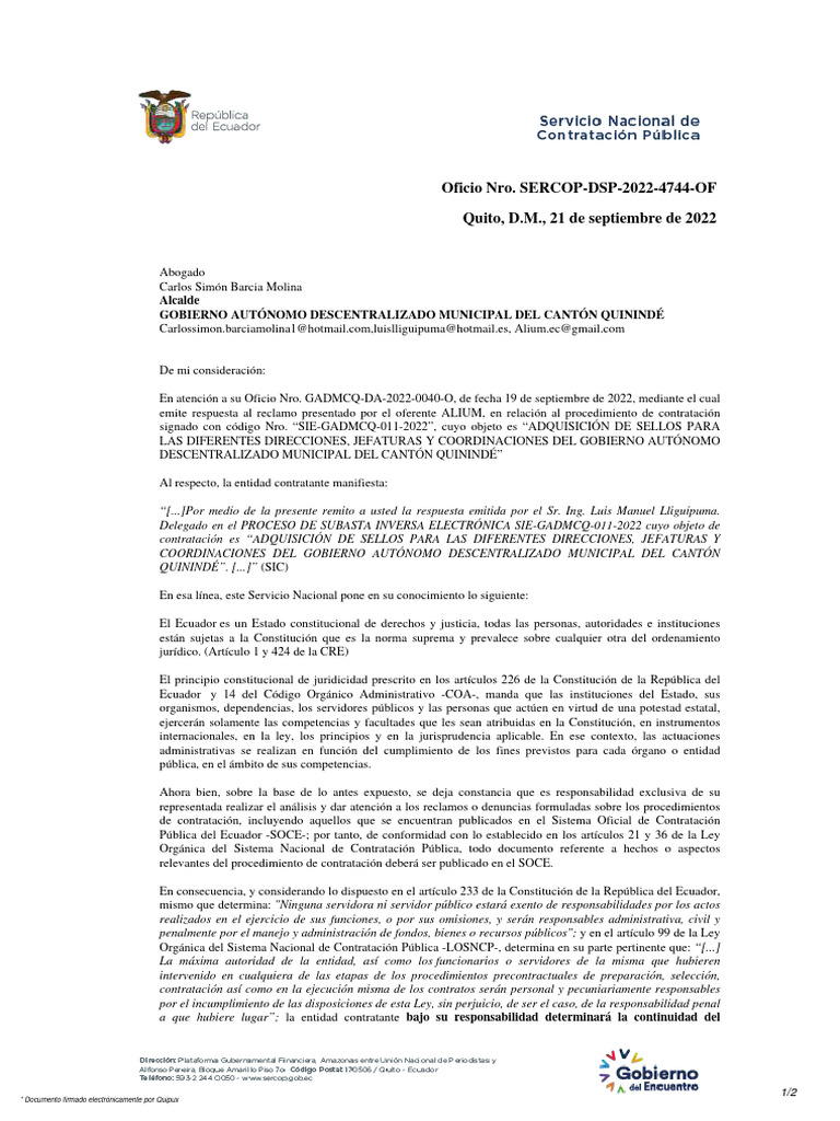 Sercop DSP 2022 4744 of | PDF | Constitución | Gobierno