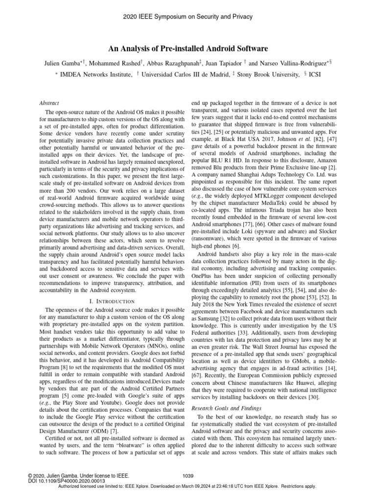 An Analysis Of Pre Installed Android Software Pdf Android Operating System Mobile App