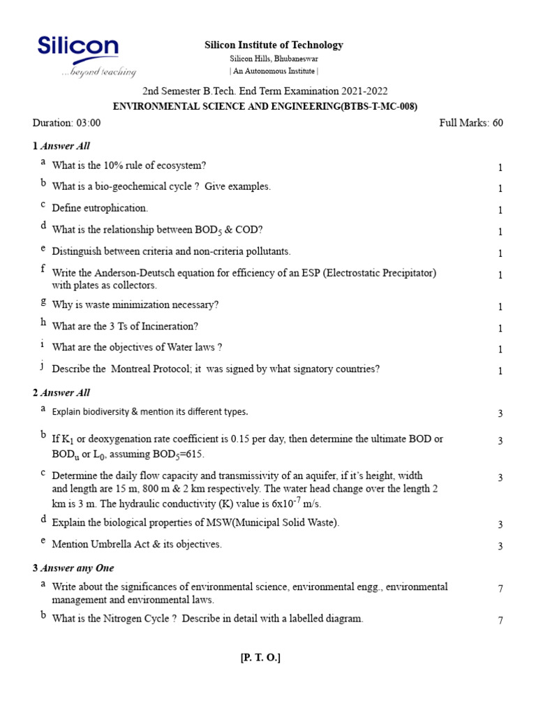 Environmental Science and Engineering (Btbs-t-mc-008) - End Term Exam ...