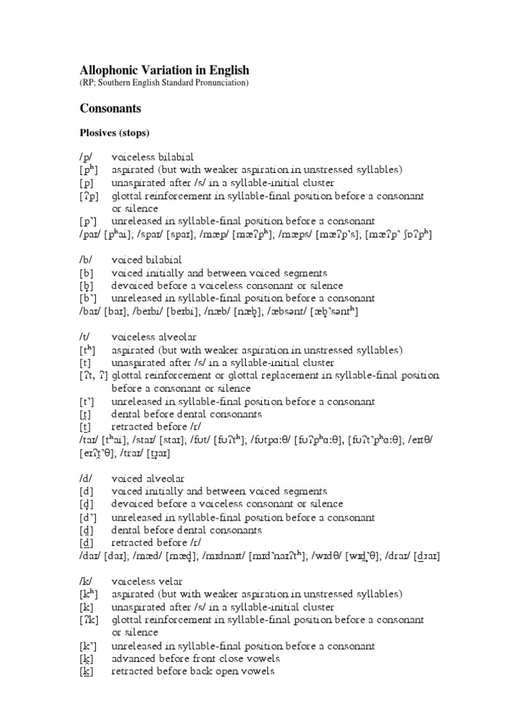 Allophonic Variation in English: Plosives (Stops) | PDF | Consonant ...