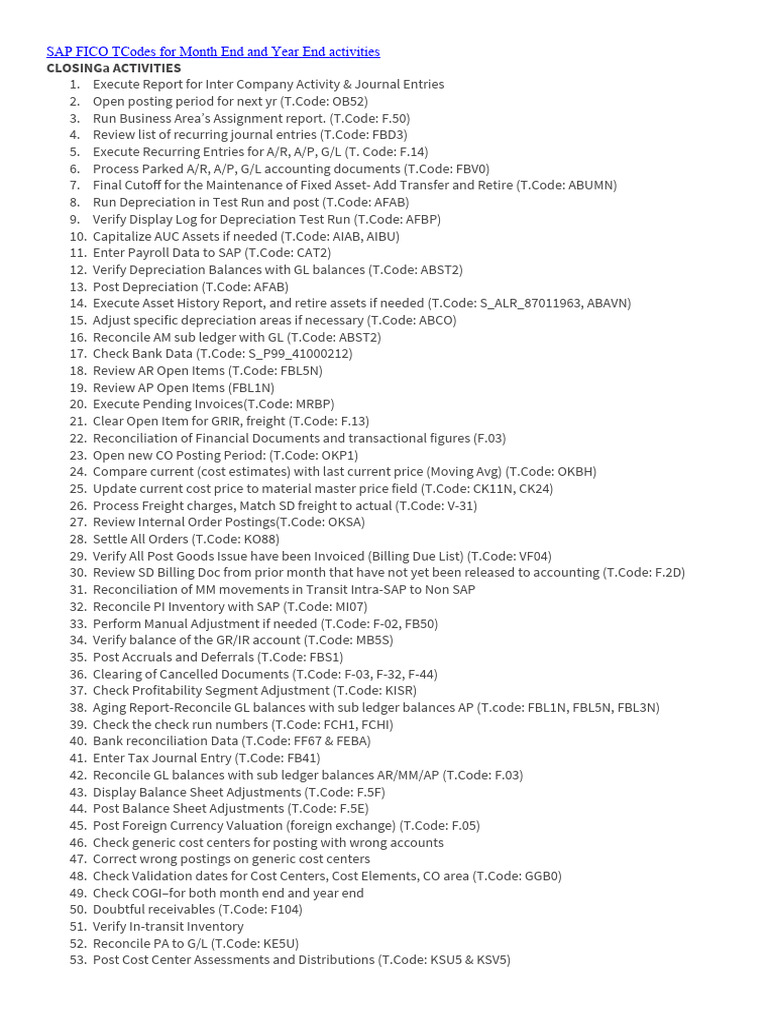 SAP FICO TCodes For Month End and Year End | PDF