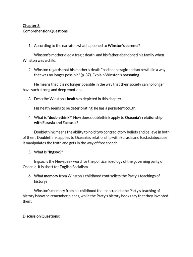 1984 Chapter 3 Comprehension Questions | PDF