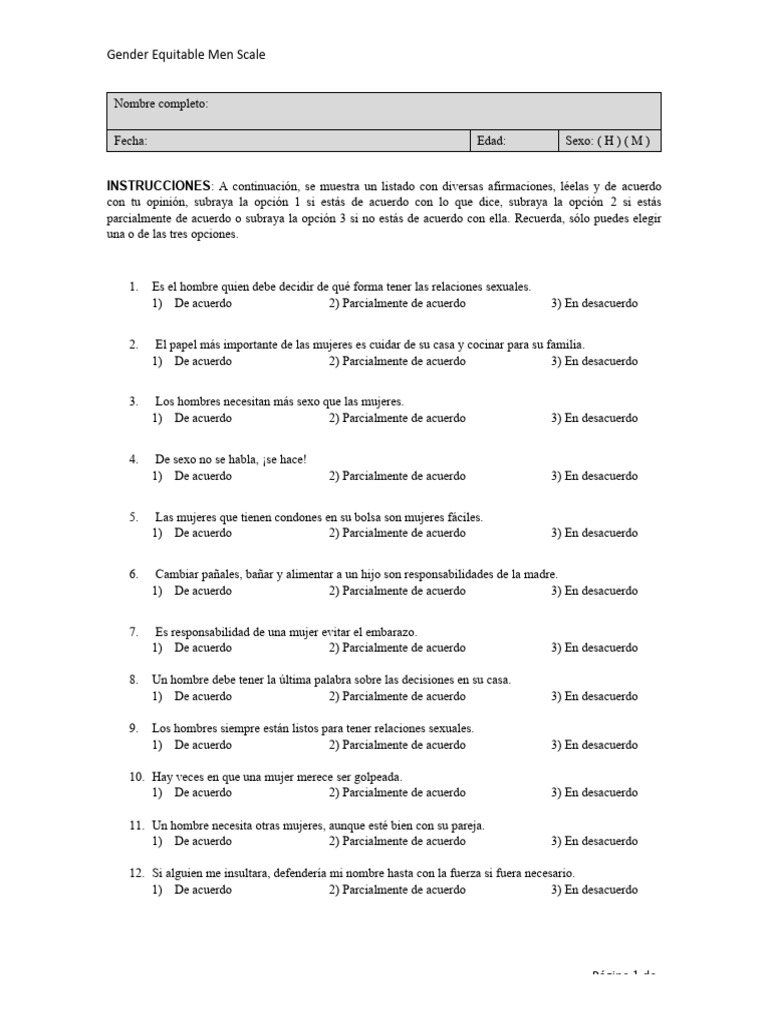 Escala GEM de Actitudes Equitativas de Género(1) | PDF | Mujer | La ...