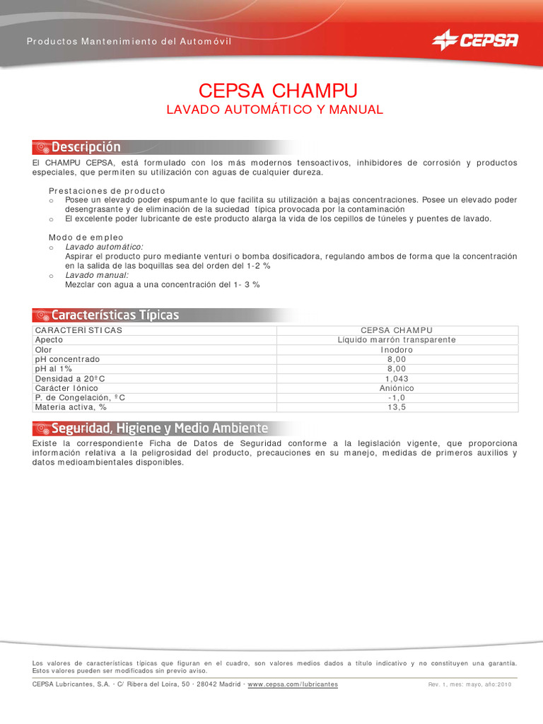 Ft-Champu Lavado Automatico-Cepsa | PDF | Champú | Química